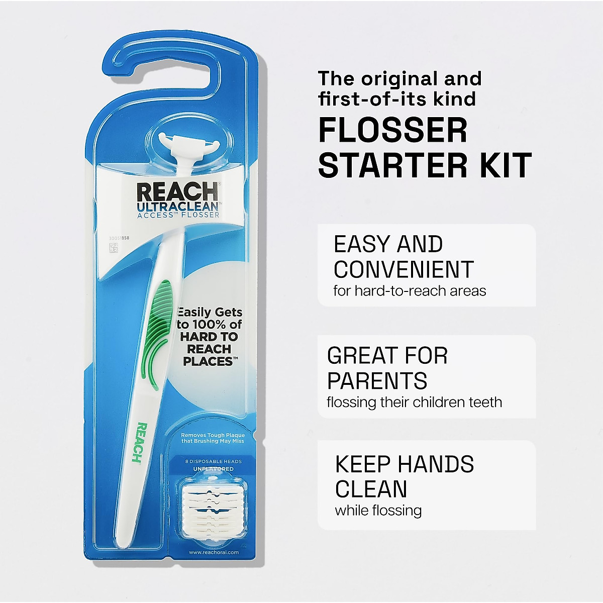 REACH Ultraclean Access Flosser Starter Kit, Unflavored, Plaque Remover for Teeth, for Hard to Reach Areas, Oral Care, PFAS Free, 1 Replaceable Flosser & 8 Refill Heads, 1 Pack