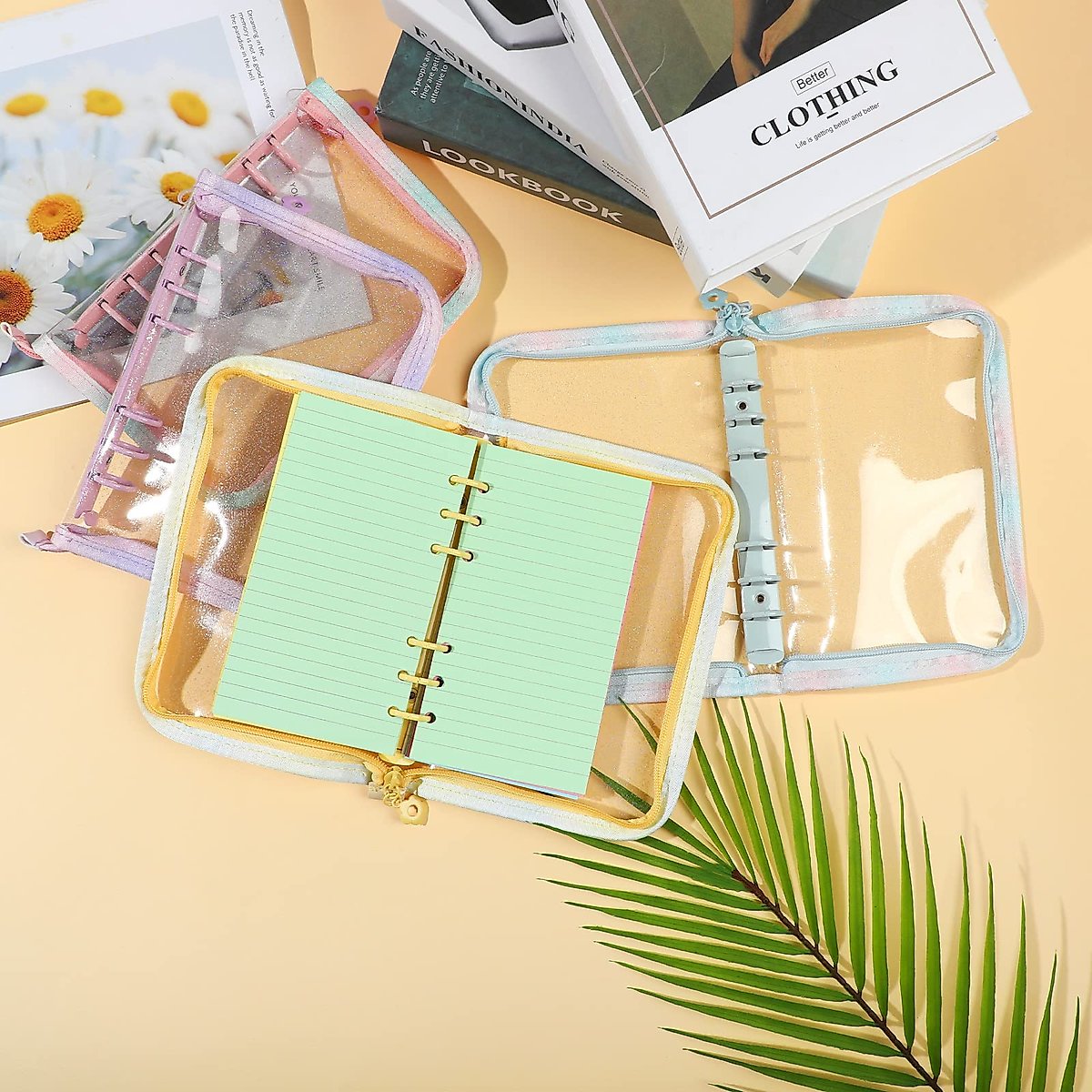 NEWEST A6 Zipper Binder Cover, Yellow Gradient PVC Loose-Leaf Notebook Planner Shell Protector, Sparkle Transparent Refillable 6-Ring Budget Cute Binder Folder for Cash Envelopes System