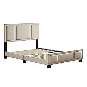 Boyd Sleep Triptych Platform Bed Frame with Fabric Upholstered Headboard and Wooden Slats Supports; Box Spring NOT Required, Linen, Beige, Queen