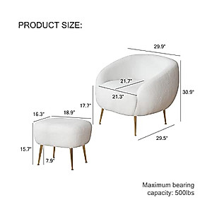 Kiztir Sherpa Accent Chair, White Accent Chair with Ottoman/Gold Legs, Modern Accent Chair for Living Room, Bedroom or Reception Room