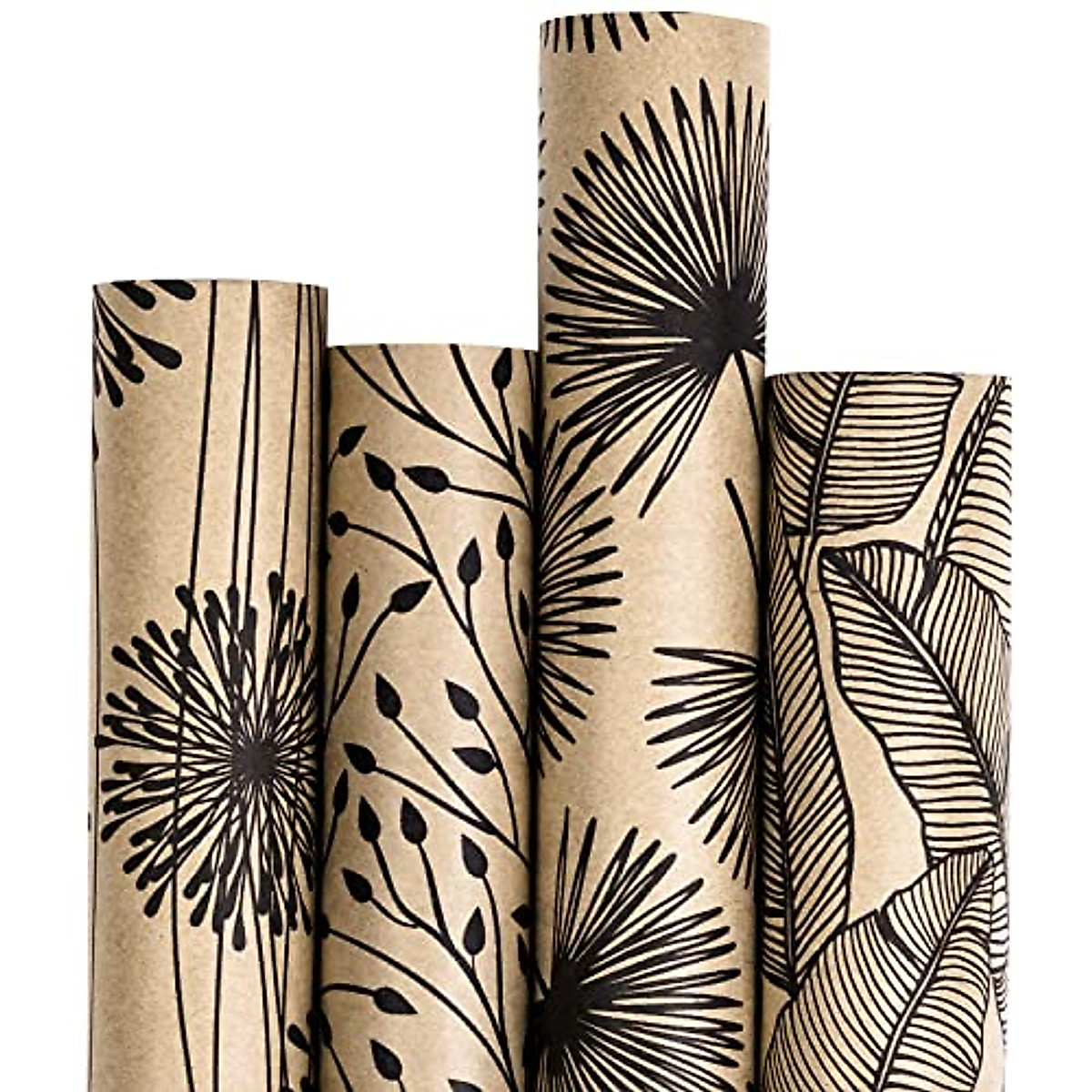 RUSPEPA Wrapping Paper Kraft Paper - Plants All-Black Paint Design - 4 Rolls - 30 inches x 10 feet per Roll