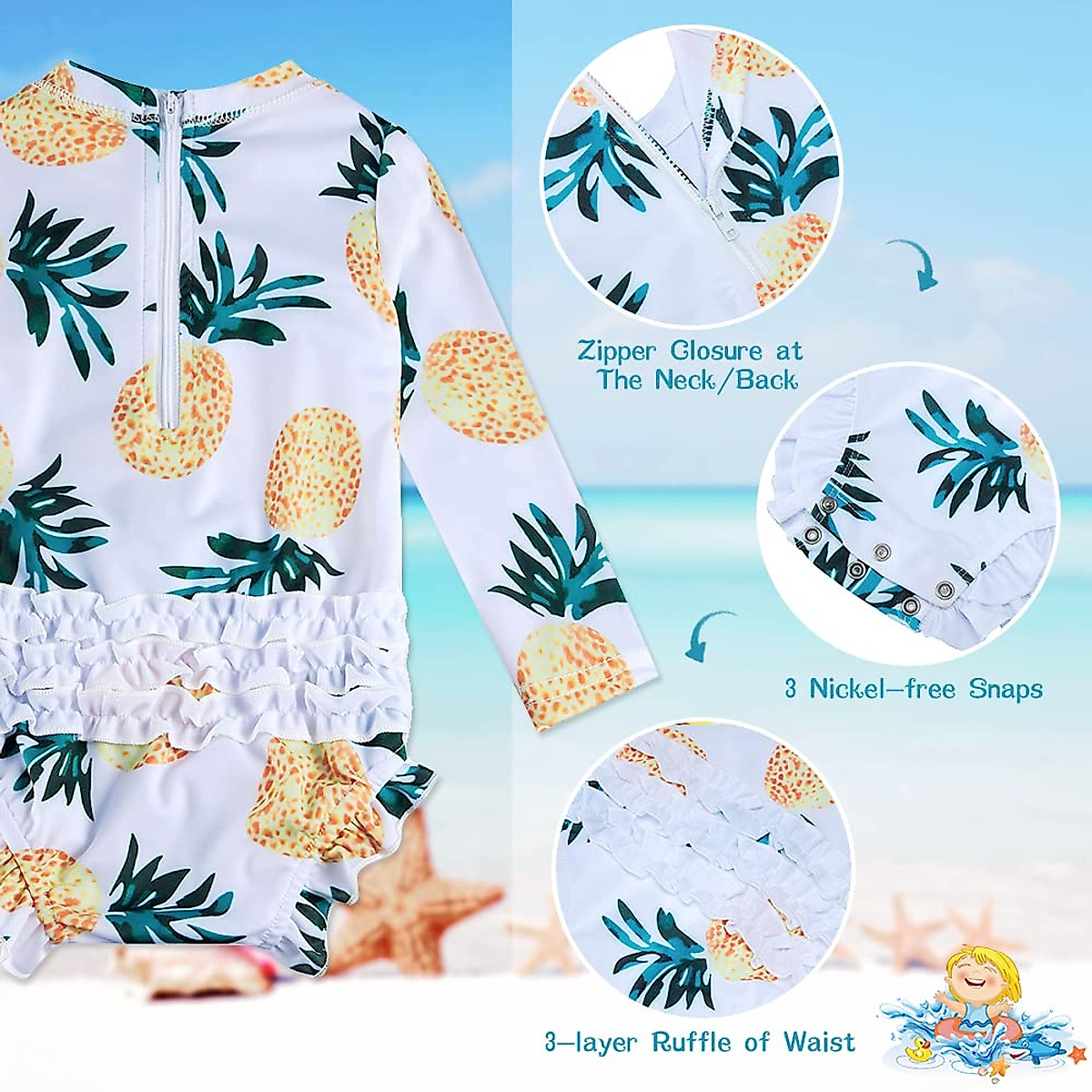 uideazone Baby Girls One-Piece Zippered Swimsuit Swimwear UPF 50+ Rashguard Long Sleeve Bathing Suits Summer Sunsuit 6-12 Months