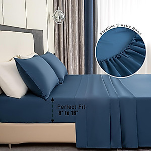 MEISHANG Cotton Sheets Full Size - 100% Cotton 600 Thread Count Sheets, Soft Breathable Cooling Sateen Egyptian Cotton Bed Sheets with Deep Pocket, 4 Pieces Set Navy