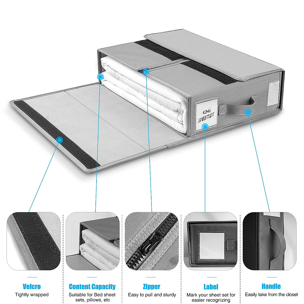 BIKTIC SheetCube Bed Sheet Organizers and Storage,4 Pack Sheet Folder Organizer (Queen or King Size), Linen Closet Organizer for Bedding Sheets,Duvet Covers and Pillow cases,Grey