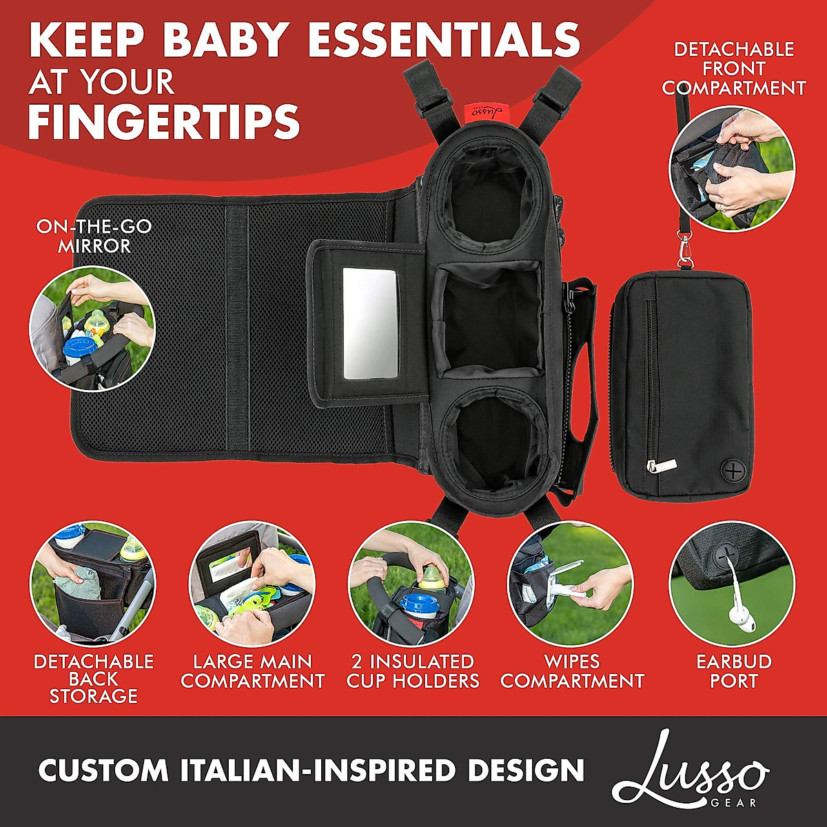 Lusso Gear Stroller Organizer With Cup Holder - Fits Strollers, Stroller Accessory for Baby Storage On the Go, Stroller Caddy With Multiple Storage Sections, Secure Fit Won’t Slip or Slide (Black)