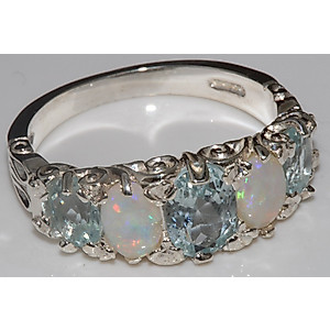 LetsBuyGold 925 Sterling Silver Real Genuine Aquamarine and Opal Womens Promise Ring - Size 9