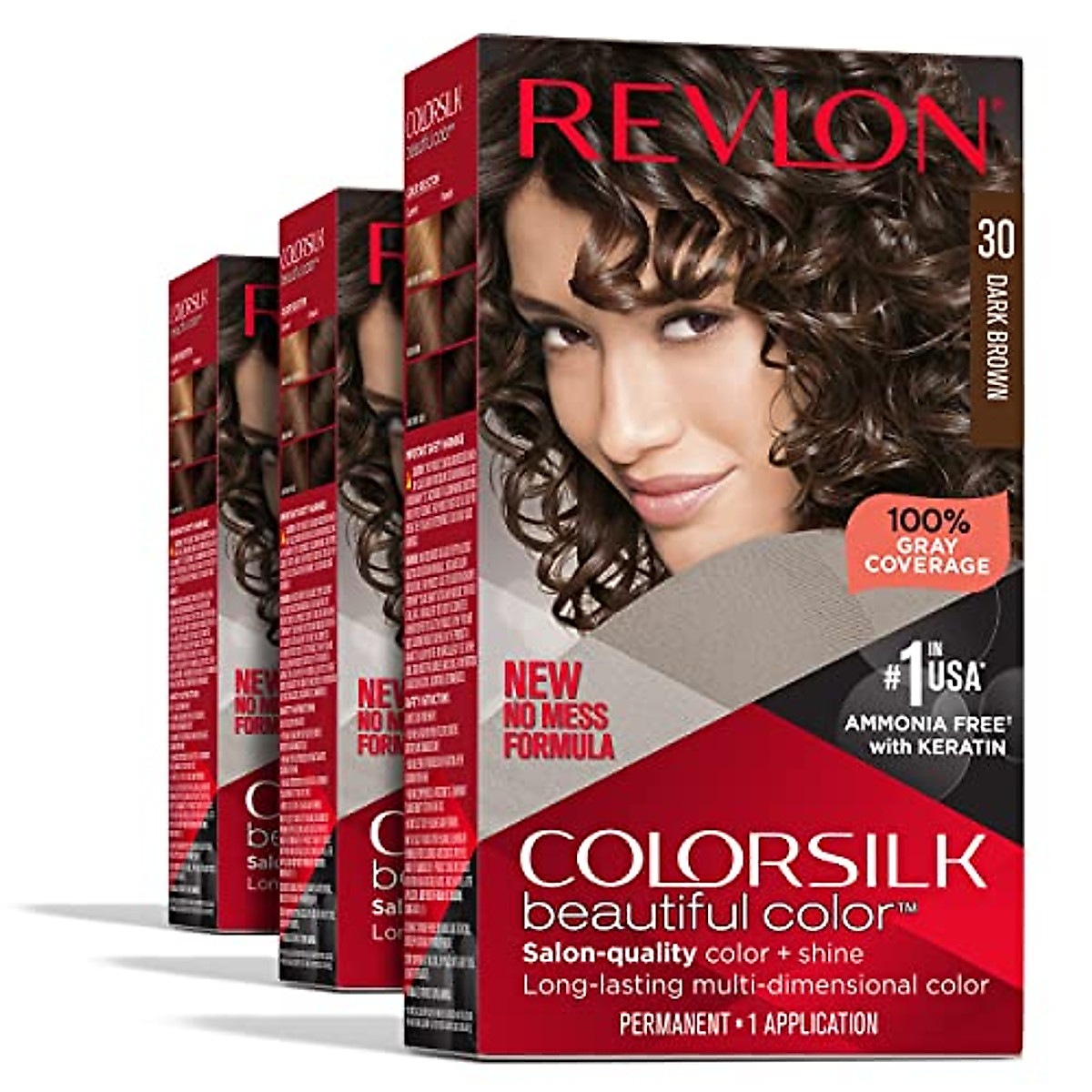 Permanent Hair Color by Revlon, Permanent Brown Hair Dye, Colorsilk with 100% Gray Coverage, Ammonia-Free, Keratin and Amino Acids, Brown Shades, 30 Dark Brown (Pack of 3)