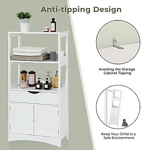 Sideboard Storage Cabinet with 2 Open Shelves, 1 Drawer and 1 Cupboard Kitchen Pantry Storage Cabinet with Microwave Space Freestanding Floor Bathroom Cabinet, Bookshelf,Display Unit for Home, White