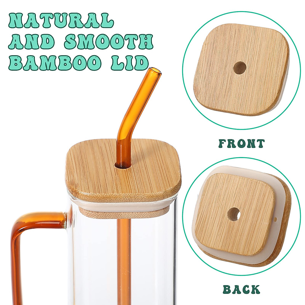 6 Pcs Glass Cup with Bamboo Lid and Straw 13.5 oz Beer Can Shaped Drinking Glasses Iced Coffee Cup with Handle Square Iced Coffee Tumbler Clear Tall Drinking Jars Wide Mouth Smoothie Jars, 6 Colors