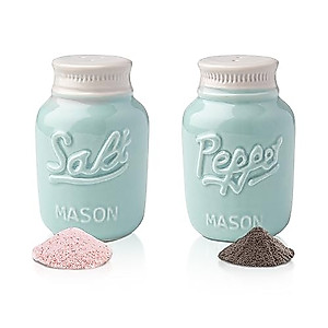 Vintage Mason Jar Salt & Pepper Shakers by Comfify - Adorable Decorative Mason Jar Décor for Vintage, Rustic, Shabby Chic - Sturdy Ceramic in Aqua Blue - 3.5 oz. Cap.