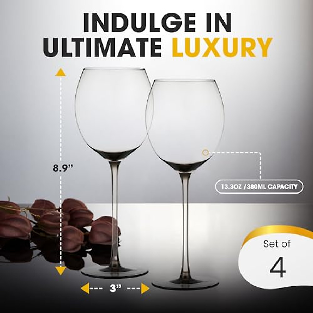 BERKWARE Colored Red Wine Glasses Set of 4 - Elegant Long Stem Wine Glass - 13.3oz (Smoke)