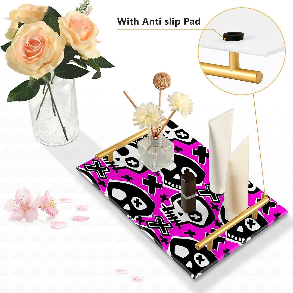 Gredecor Vanity Tray for Bathroom Counter Skull Funky Graffiti Style Decorative Kitchen Coffee Trays Acrylic Jewelry Perfume Makeup Organizer Tray Holder, Rectangle 7.87" x 11.8"