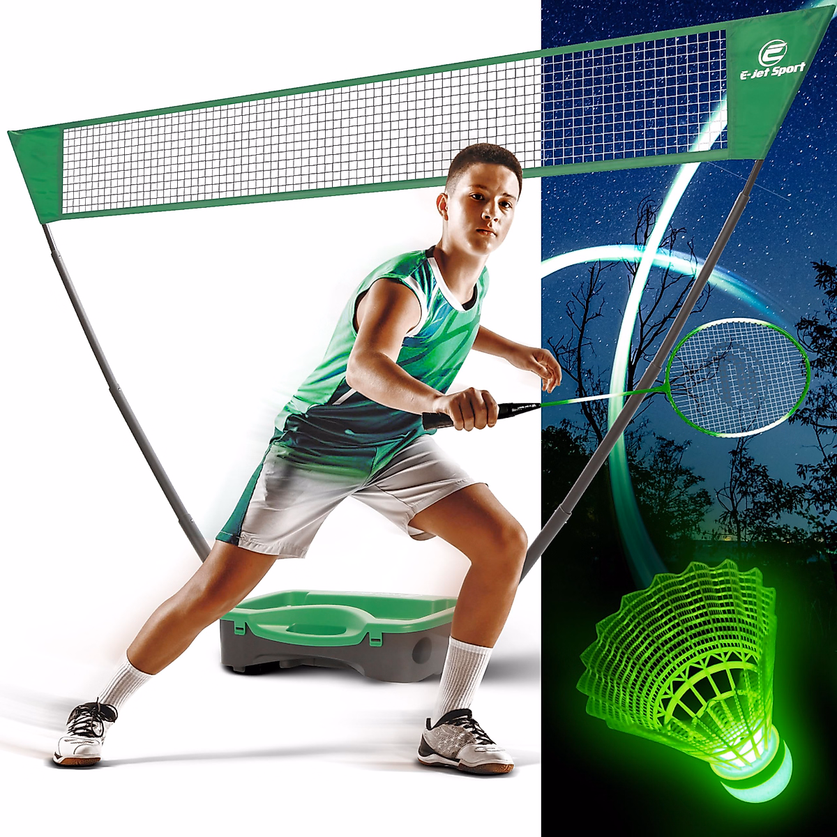 E-jetSport Badminton Net Outdoor Game Set, Rackets Shuttlecocks Combo for Kids & Family Portable, No Tools Required - Backyard Training, Beach, Park, Picnic Games, Green (EOB37540)