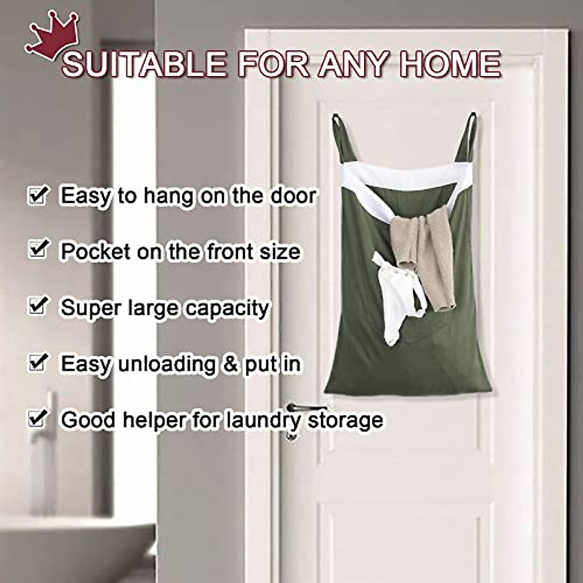 GyiHoong 100% Linen Door Hanging Laundry Hamper Bag, 20x27 Inch Hanging Laundry Bag with Front Pocket, Space Saving Over the Door Laundry Hamper(Green)