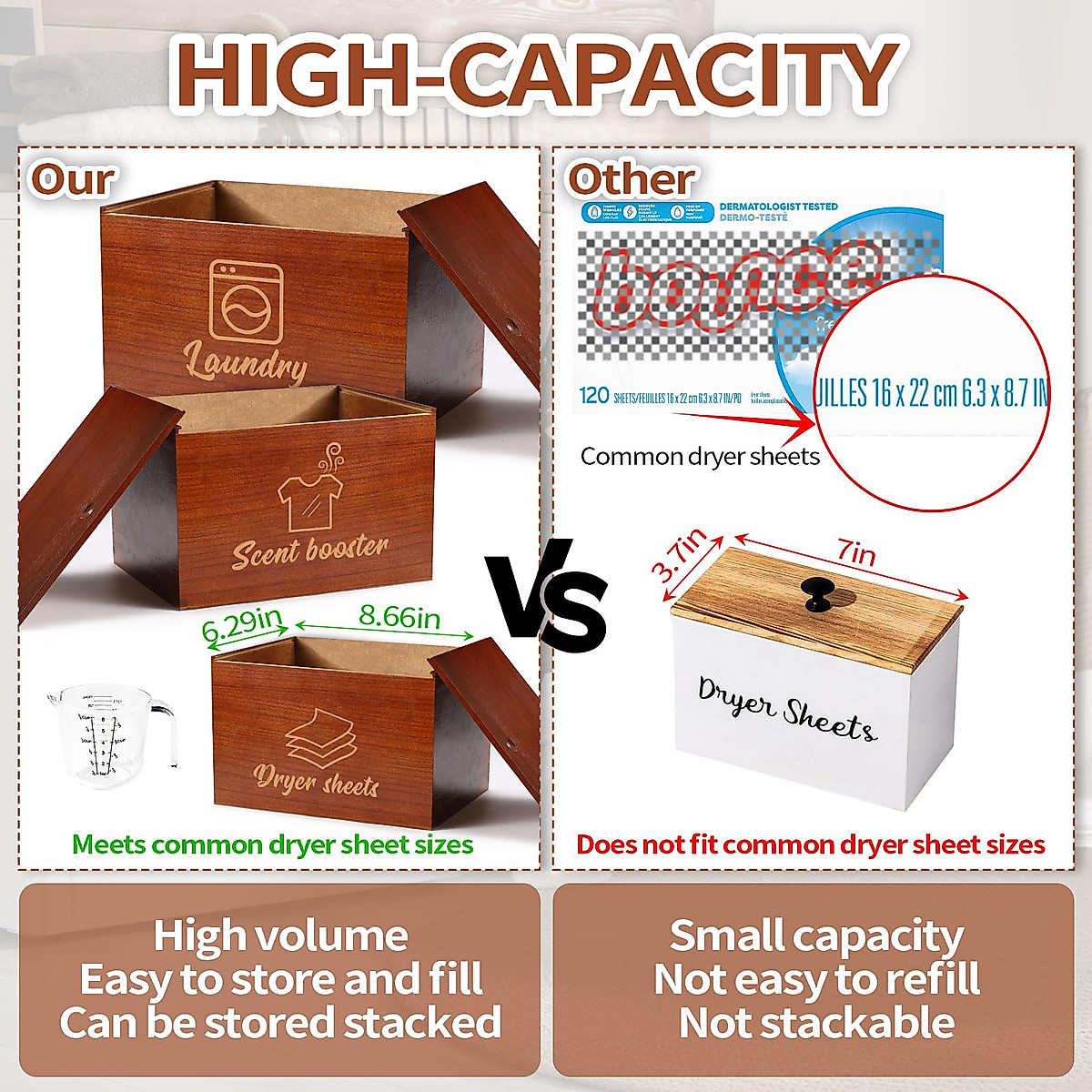 XLHOMO 3 Pcs Wood Dryer Sheet Holder Laundry Pods Holder Scent Booster Container Set with Lids and Scoop, for Laundry Room Laundry Detergent Laundry Pods Dry Sheet Organization and Storage Containers