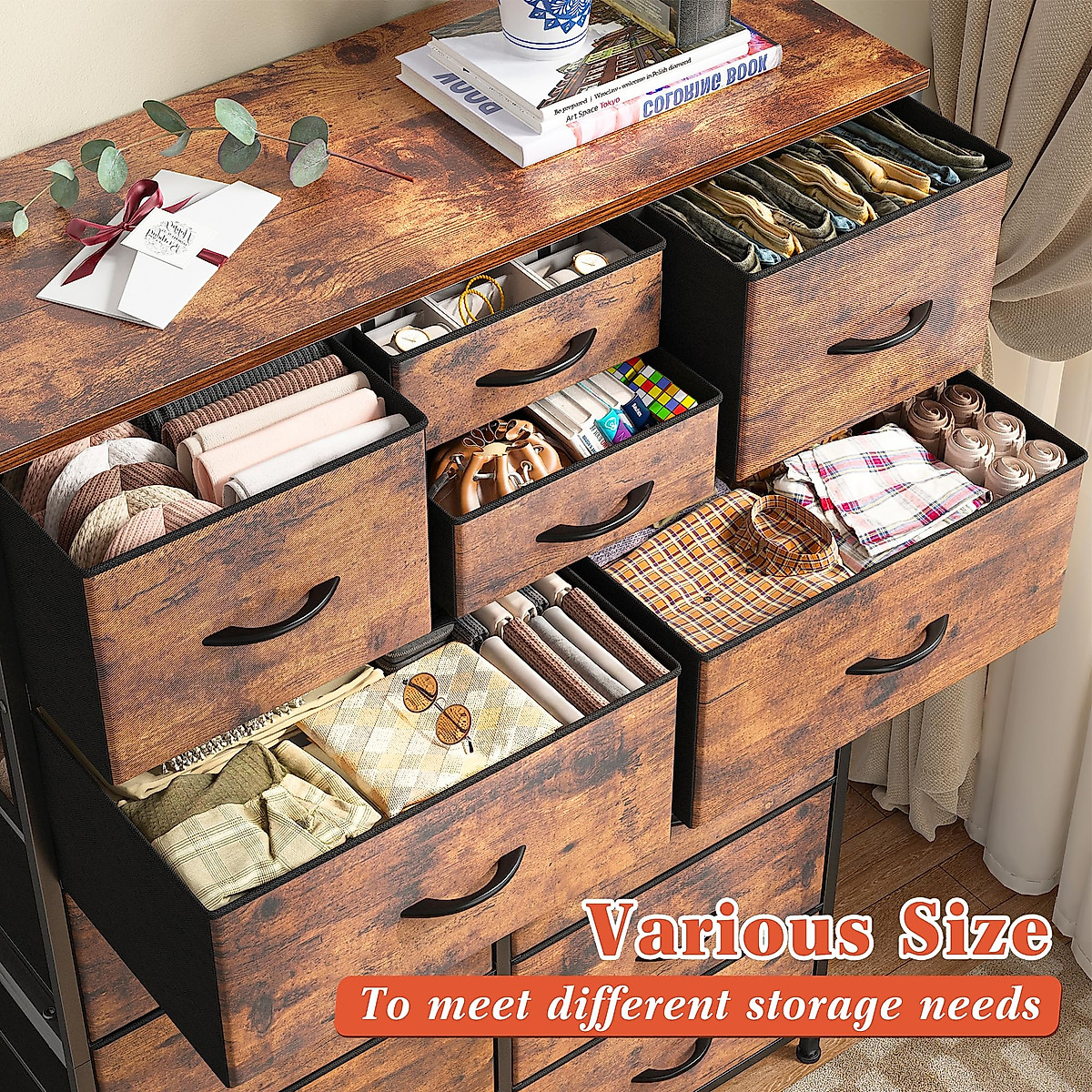 EnHomee 14 Drawer Dresser, Tall Dressers for Bedroom, Large Bedroom Dressers & Chests of Drawers, Sturdy Metal Frame & Wood Top, Easy Assembly, Closet, Living Room, Rustic Brown