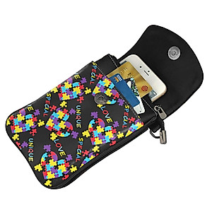 Aiyoolee Womens Small Crossbody Bag Colorful Autism Awareness Puzzle Pieces Heart Black, Smart Phone Pouch, Soft Leather Shoulder Bag for Passports Coin Card with Zipper and Adjustable Strap