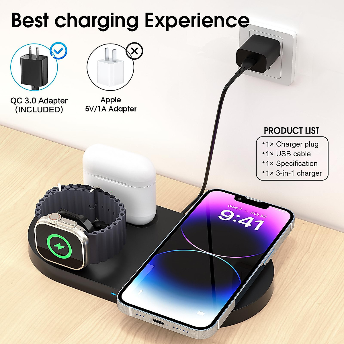 3 in 1 Mag-Safe Wireless Charging Pad, 15W Fast Magnetic Wireless Charging Station, Travel Wireless Charger for iPhone 15/14/13/12Pro/Pro Max/Mini/Plus, iWatch Ultra/9/8/7/6/SE/5/4/3/2, Airpods.