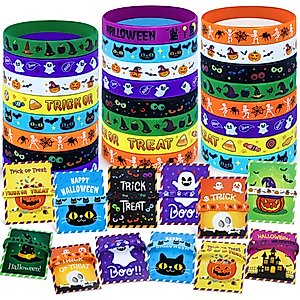 40 Pcs Halloween Party Favors Rubber Bracelets with Gift Cards,Halloween Silicone Wristbands for Party Supplies Goodie Bags Stuffers Fillers Trick or Treats Halloween Classroom Prizes Gifts for Kids