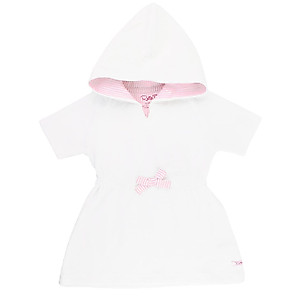 RuffleButts® Baby/Toddler Girls White w/Pink Seersucker Terry Hoodie Swimsuit Cover-Up - 18-24m