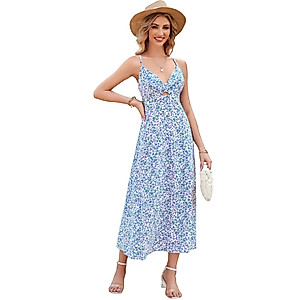 ZAFUL Women's Spaghetti Strap Floral Summer Hollow Twist Front Maxi Dresses Sexy Cutout V Neck Backless Vacation Dress