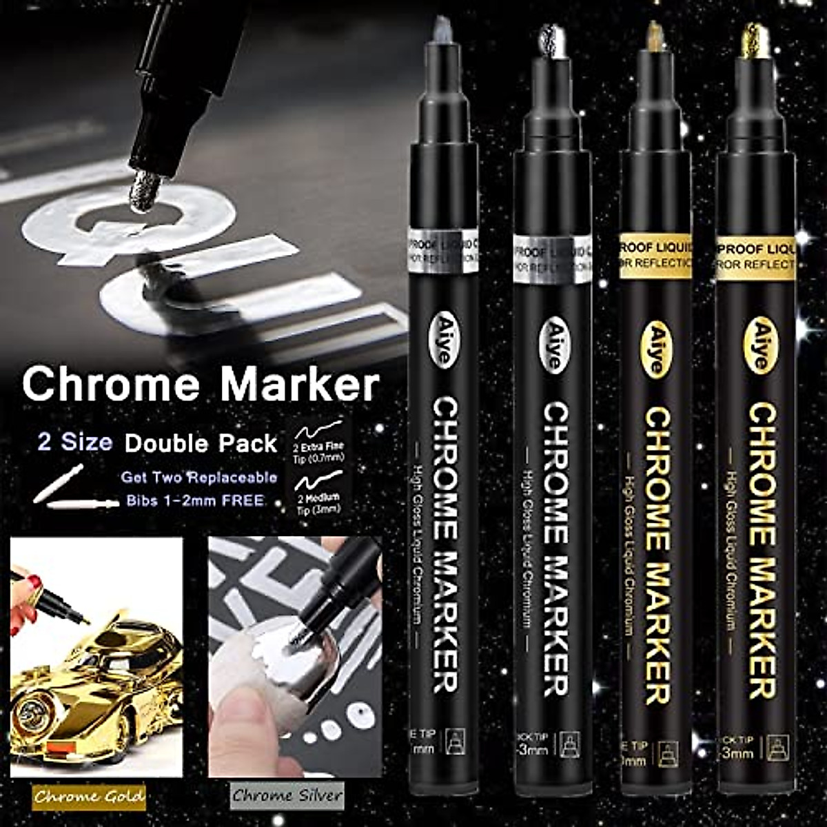 4Pcs Liquid Mirror Chrome Marker Set, DIY Silver & Gold Alcohol Paint Pump Pens(1mm,3mm), Double Pack of Both Fine and Medium Tip Paint Markers for on Any Surface, Get 2 Replaceable Nibs 2mm FREE