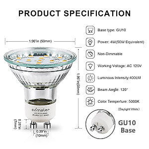 comzler GU10 LED Bulbs, GU10 Light Bulb 5000K Daylight White, LED Bulb Replacement Recessed Track Lighting, 50W Halogen Equivalent, 4W 400LM 110° Wide Beam, Non-dimmable, Pack of 6