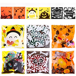 300 Pcs Halloween Treat Bags, 6 Cute Style Candy Bags Clear Trick or Treat bags Self Adhesive Plastic Bags Bulk for Halloween Party Favor Supplies Gift (A)