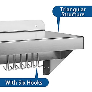 Garvee 2 Pack 12" x 36" Stainless Steel Wall Mount Shelf NSF Certified with 6 Hooks Metal Multifunctional Storage Rack with Backplash for Hanging Pots, Pans,cookware in Home and