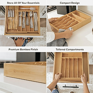 KitchenEdge Premium Silverware, Flatware and Utensil Organizer for Kitchen Drawers, Food-Safe Contract Grade, Expandable from 10.5 to 19 In, Natural Bamboo