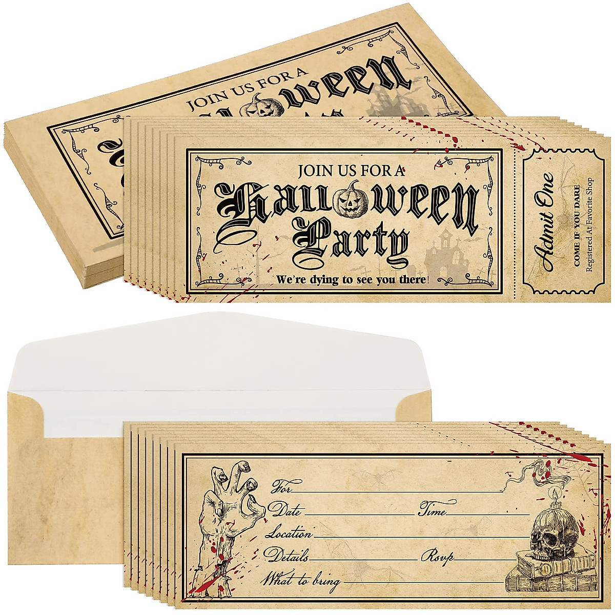 Woanger 50 Pcs Halloween Party Invitations with Envelopes 25 Scary Halloween Invitations and 25 Invitations Vintage Fill in Blank Invites for Halloween Theme Party Birthday Baby Shower