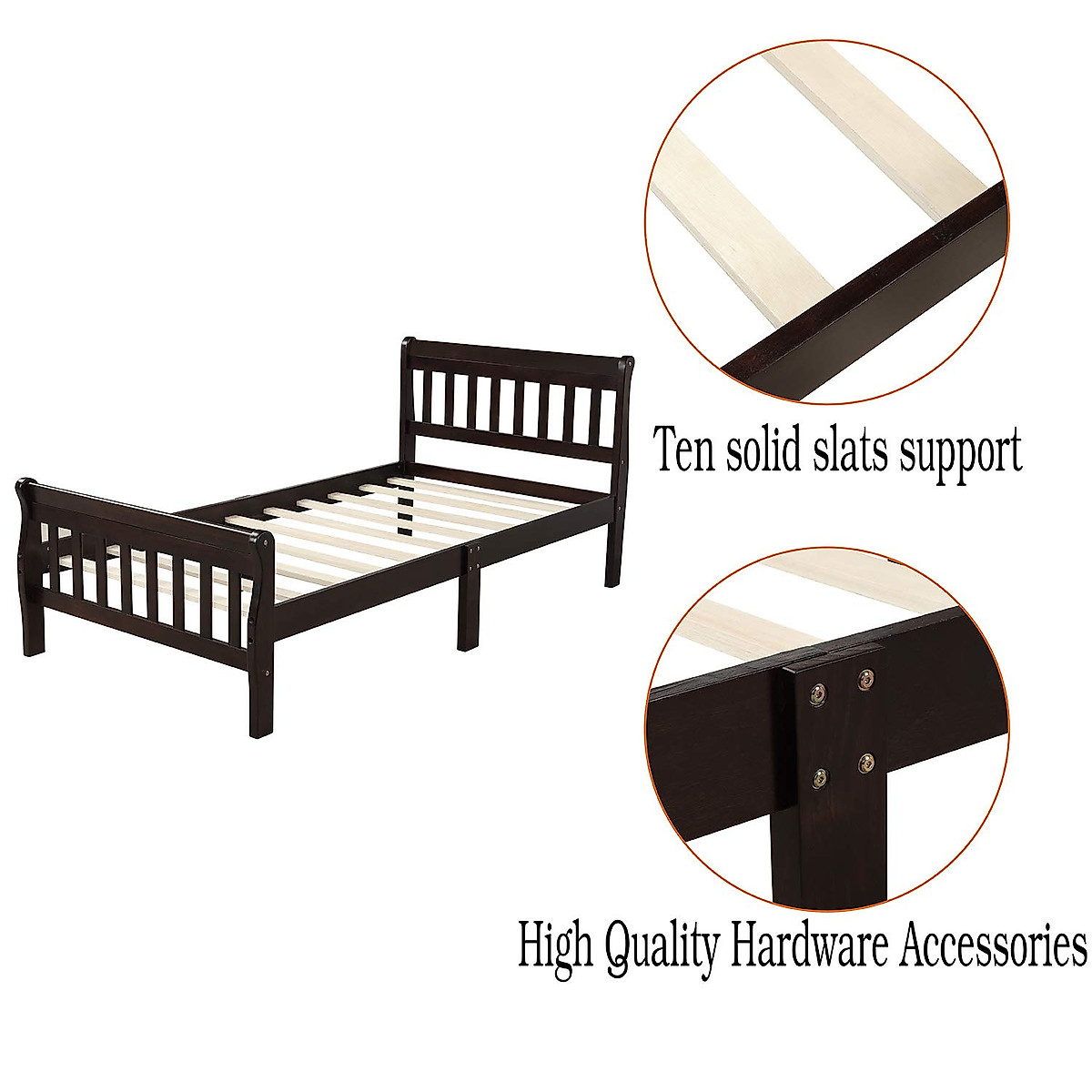 Harper & Bright Designs Wood Twin Size Modern Sleigh Bed for Kids, Platform Bed Twin Bed Frame with Headboard Footboard Wood Slat Support,No Box-Spring Needed
