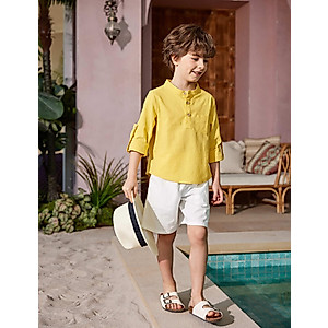 Arshiner Boys Cotton Linen Henley Shirt Button Down Shirt Long Sleeve T Shirt Beach Shirt Tee Casual Solid Tops Yellow