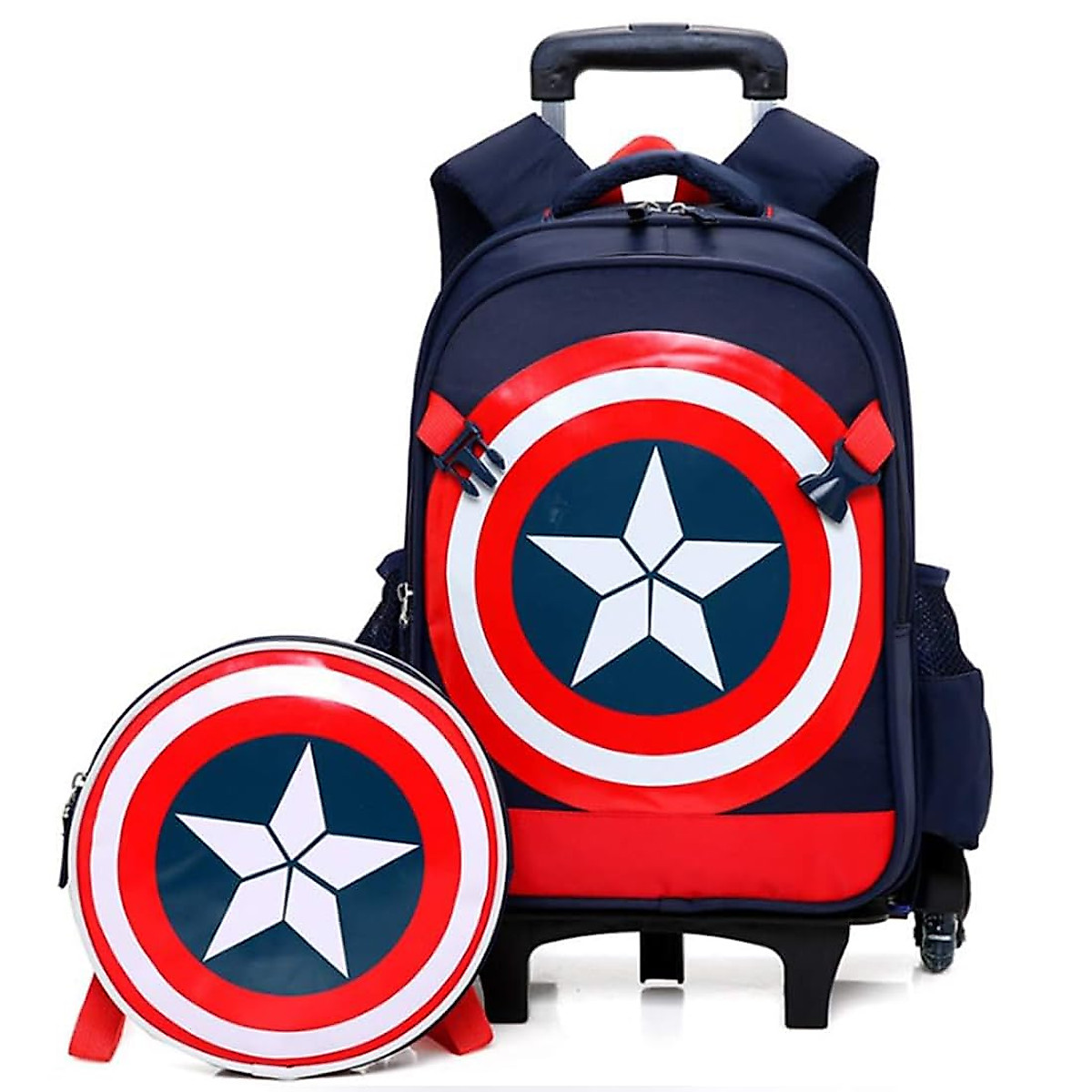 FENGJINRUHUA Boy Girl Lightweight Kid's School SchoolBag Shield Superhero Detachable Two In One Tie Rod Rolling Backpack With Six Wheels Navy