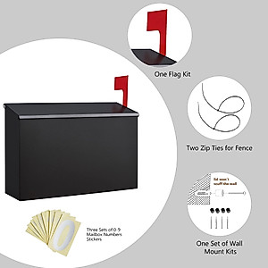 LAND·VOI Wall-Mount Mailbox with One Flag Kit and Three Sets of 0-9 Mailbox Number Stickers, Mailboxes for Outside, Galvanized Steel Rust-Proof Metal Post Box, 4.33" Dx14.2 Wx10.43 H, Black, AMB03B
