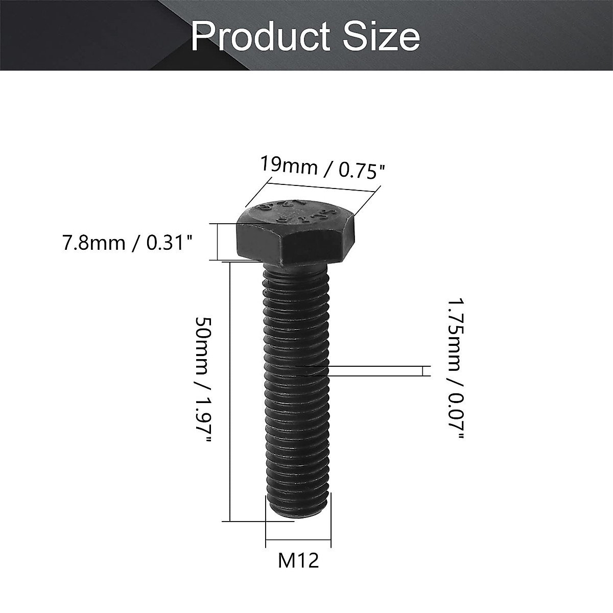 MroMax 3Pcs M12 x 50mm Left Hand Hex Bolt, Carbon Steel Grade 12.9, Black Oxide Finish, Full Thread, Hexagon Head Bolts for Furniture Repair