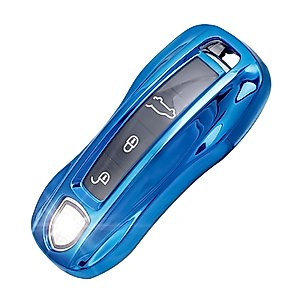 WORCAS Smart Soft TPU Key Fob Cover Compatible with Porsche 911 Cayenne Panamera TAYCAN 3/4 Button Keyless Entry Remote Control Accessories Protective Cover(Blue)