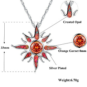 CiNily Created Orange Fire Opal Orange Garnet Rhodium Plated Women Jewelry Gemstone Pendant Necklace 1 1/4"