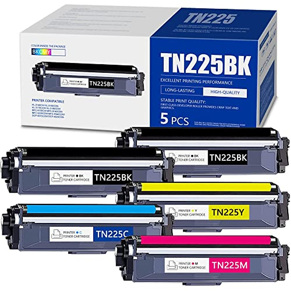 HUIAYA 5 Pack Compatible (2BK+1C+1M+1Y) Color TN225BK TN225C TN225Y TN225M Toner Cartridge Replacement for Brother Pro HL-3140CW HL-3180CDW MFC-9130CW Printer