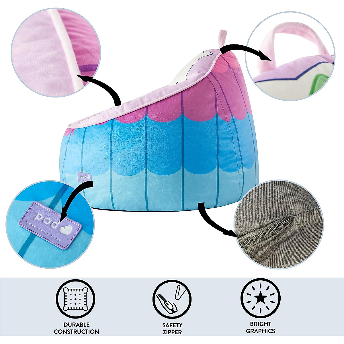 Idea Nuova Gabbys Dollhouse Hillside by pod Plush Kids Bean Bag Chair, 24"x24"x25", Ages 3+