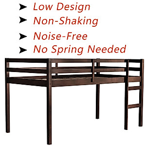 Low Loft Bed Twin Size, Kids Loft Bed with Stairs, Wooden Loft Bed Frame for Kids Boys Girls Toddler, Rubber Wood, Strengthened Slats, Noise Free, Easy Assemble (Espresso)