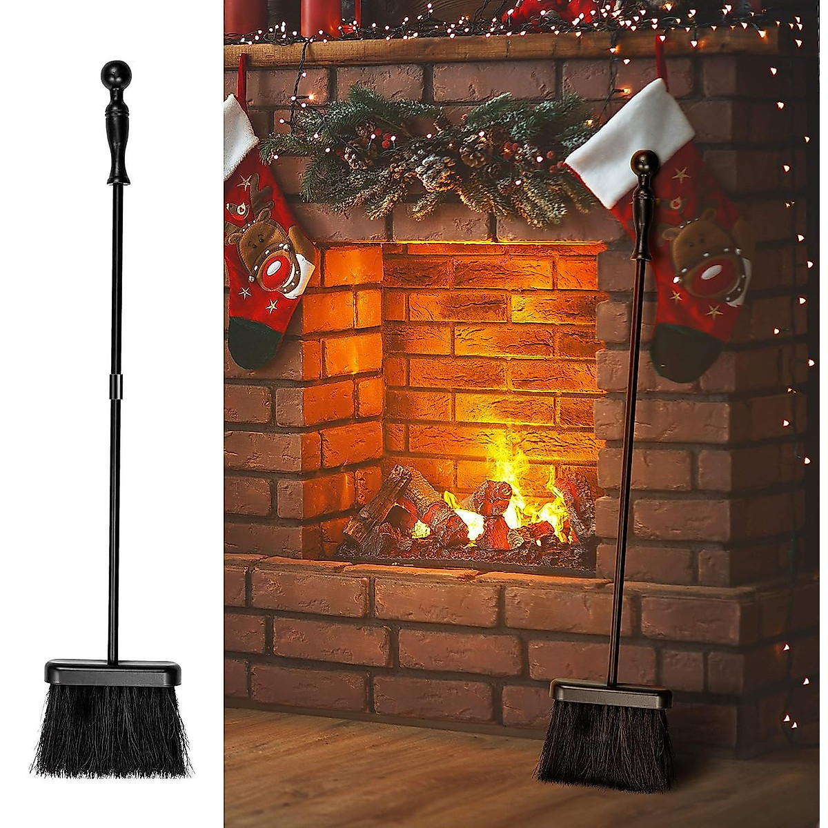 Amagabeli 32in Fireplace Brush Fireside Broom Fireplace Loose Tool Set for Outdoor Fire Pit Campfires Indoor Fireplace Heavy Duty Wrought Iron Steel Bar Support