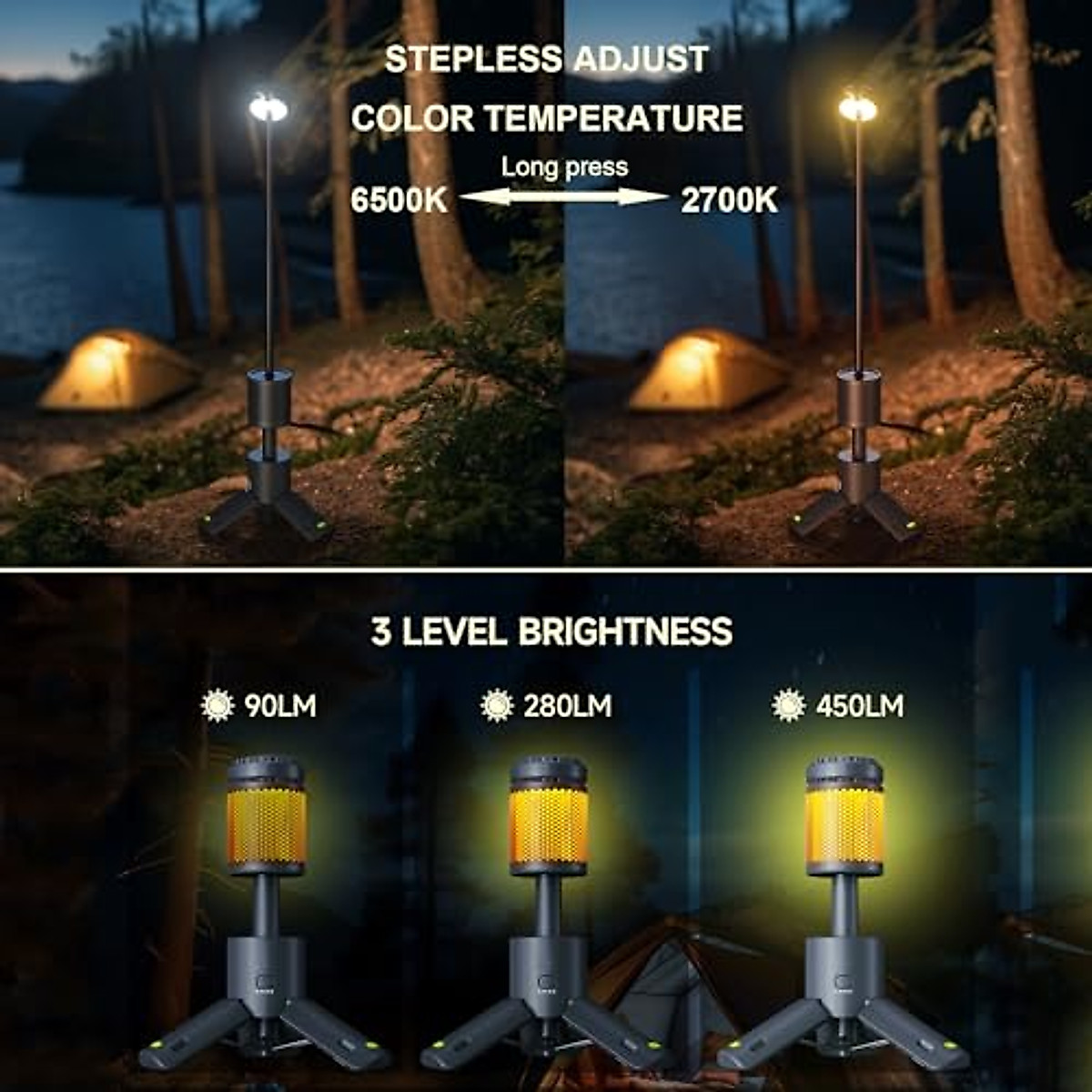 Camping Lantern Rechargeable - Multifunction LED Lantern Battery Powered 10000mAh- Portable Camping Lamp and Flashlight - Telescoping Camp Lights for Hiking,Camping,Emergency Lighting Black