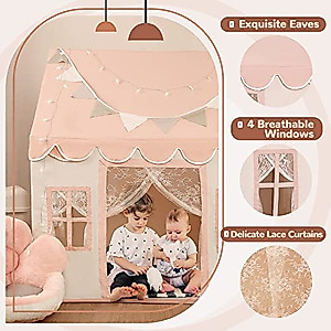 Kids Play Tent with Non-Slip Mat, Star Lights, Decorating Flag, Lace Curtains Playhouse with 4 Windows, Machine Washable, Indoor and Outdoor Play Tent for Kids, Girls, Pink, 47" x 40" x 52"