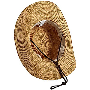 Lanzom Womens Straw Beach Sun Hat Packable Summer Cowboy Straw Hats with Wind Lanyard (Khaki, Medium)