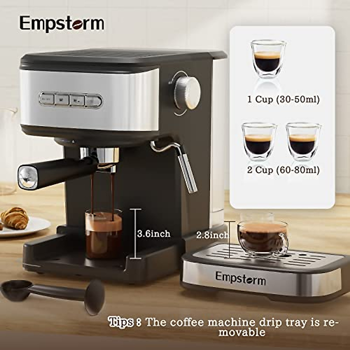 Espresso Machine 20 Bar Pump Pressure, Cappuccino Coffee Maker with Milk Foaming Steam Wand for Latte, Mocha, Cappuccino, with 2 in 1 Powder and Capsule Portafilter, Removable 1.5L Water Tank