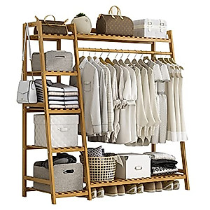 Baveke Bamboo Garment Rack 7 Tier Storage Shelves Coat Clothes Hanging Rack, Heavy Duty Rack Portable Wardrobe Closet Organizer With Top Shelf, Shoe Clothing Storage Organizer Shelves for Bedroom