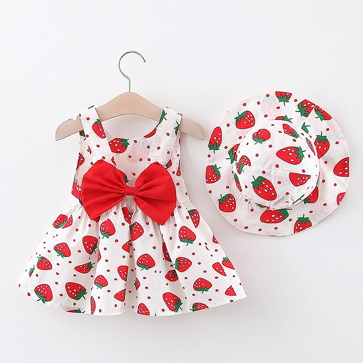 IBTOM CASTLE Toddler Baby Girls Party Summer Tutu Dresses Sleeveless Backless Bowknot Flower Dress with Straw Hat Princess Birthday Party Outfits Sundress White-Strawberry 12-18 Months