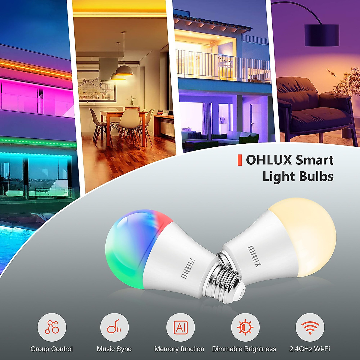 OHLUX Smart WiFi & Bluetooth Alexa Light Bulbs, 10W (100W Equivalent) Color Changing Light Bulbs with Music Sync, Work with Alexa Google Home Siri, A19 E26 900LM 4Pack