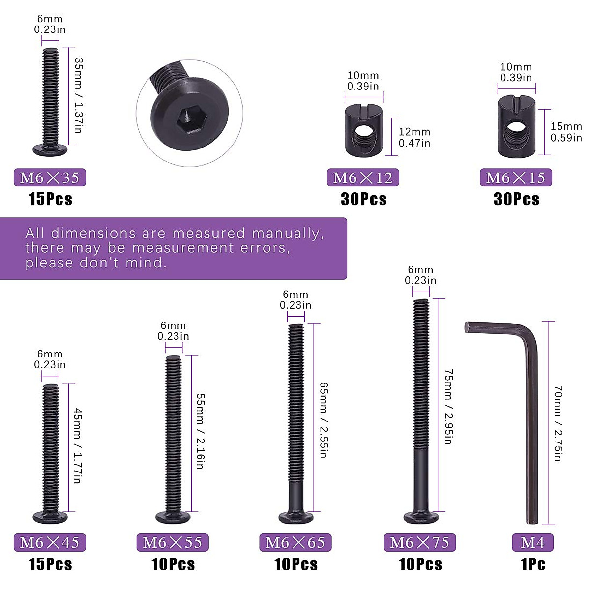 Swpeet 120Pcs Crib Hardware Screws, Black M6 × 35/45/55/65/75mm Hex Socket Head Cap Crib Baby Bed Bolt and Barrel Nuts with 1 x Allen Wrench Perfect for Furniture, Cots, Crib Screws